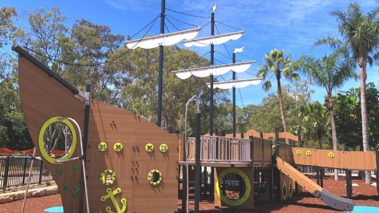 Croudace Bay | playground with pirate ship | Lake Mac Family Life